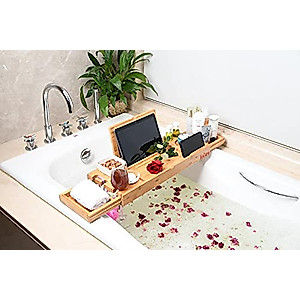 JinGarss Bamboo Bathtub Tray Caddy Bath Tub Tray Bridge Shower Shelves Organizer Tray 20-37 inch Expandable Rack Laptop Tray Caddy Bath Table with Wineglass Holder