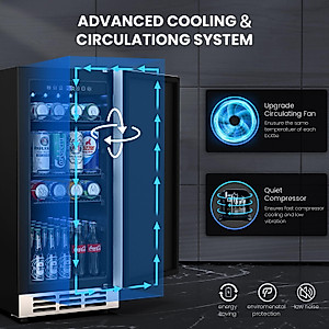 15 Inch Outdoor Beverage Refrigerator, Weather Proof Stainless Steel Undercounter Beverage Fridge with Removable Shelves, 80 Cans Built-in/Freestanding Beer Cooler for Patio and Kitchen