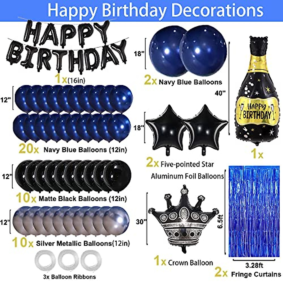 Navy Blue Black Happy Birthday Party Decorations for Men, Arch Kit for Him Her, Banner, Fringe Curtains, Beer Foil Balloons, Balloon Garland Kit, Crown for 20th 21st 22th 25th 30th 40th 50th 60th