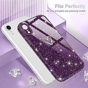 Qviskteme for iPhone XR Case Cute,Clear Glitter with [1 x Tempered Glass Screen Protector] Sparkly Bling Shockproof Bumper Protective Soft Silicone Phone Cover Case for Women Girls(Dark Purple)