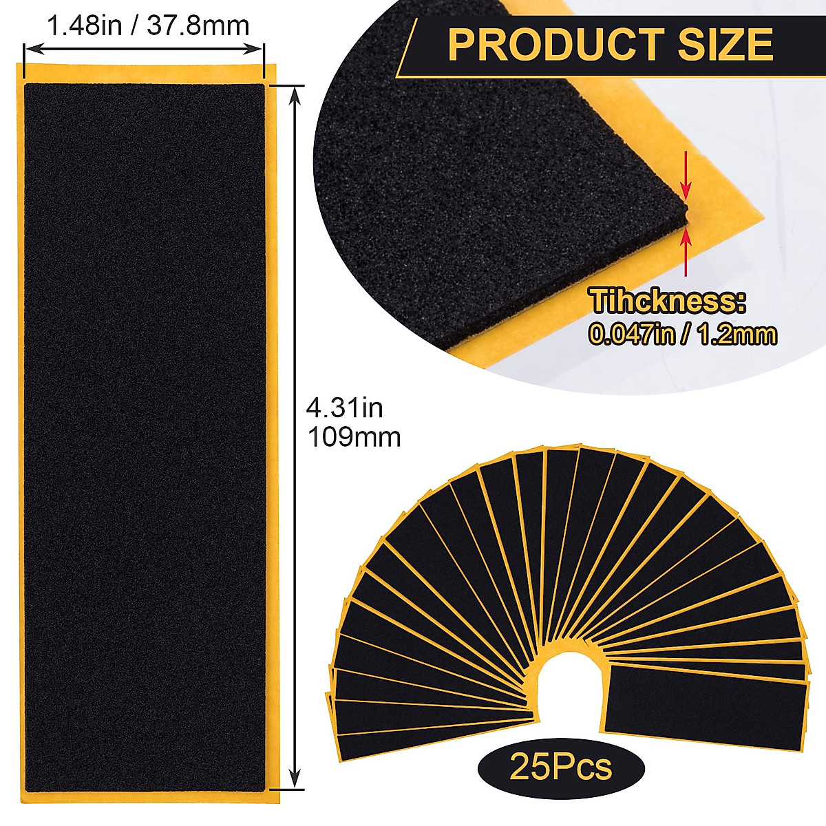 PAGOW 25pcs Fingerboard Foam Grip Tape, Non-Slip Skateboard Foam Tape Stickers, Adhesive Finger Skateboard Tape (0.047inch / 1.2mm Thick) Black