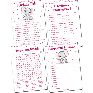 Papery Pop Baby Shower Games for Girl - Set of 4 Games for 30 Guests - Double Sided Cards - Baby Shower Supplies - Elephant