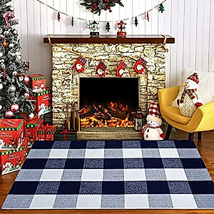 USTIDE Buffalo Plaid Check Rug Navy Blue and White Cotton Rugs 23.6"x35.4"Washable Hand Woven Outdoor Rugs Layered Doormats for Porch Kitchen Farmhouse