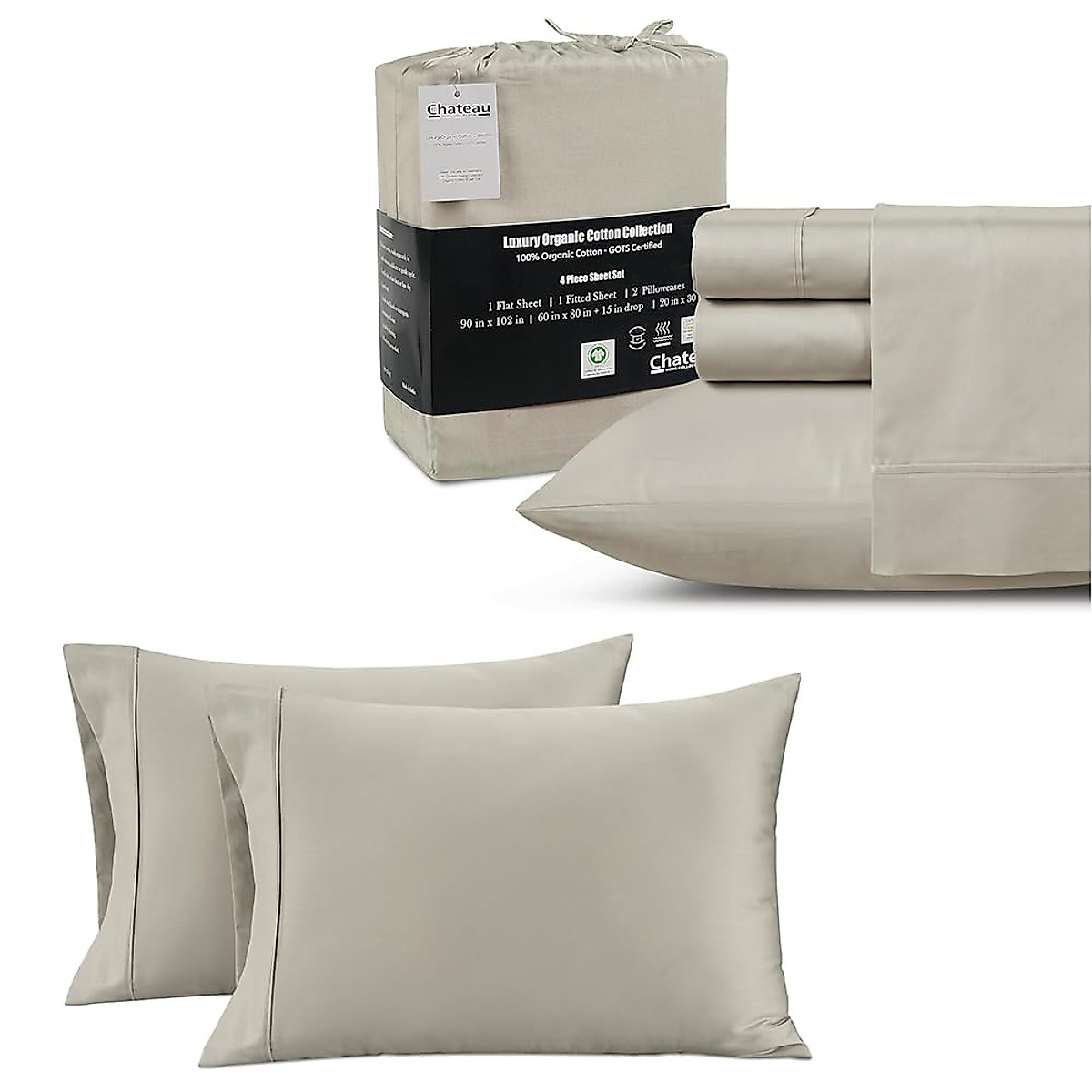 100% Organic Cotton Queen Sheet Set & Standard Pillowcases Set of 2 Combo- 300 Thread Count Long Staple Cotton Sheets,3 Pc Queen Size Sheets & Standard Pillowcases, Sateen Sheets, Breathable - Silver