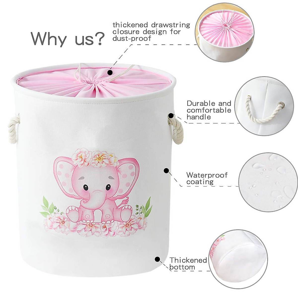 INough Baby Basket Pink Hamper Large Kids Hamper Baby Laundry Hamper for Nursery Girl, Girls Laundry Basket for Kids, Baby Dirty Clothes Basket Collapsible Kids Clothes Hamper for Laundry Kidsroom
