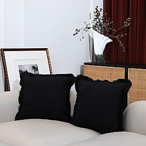 Black Linen Fringed Throw Pillow Cover 18x18 Inches Farmhouse Couch Pillows Cover for Bed Set of 2 Modern Neutral Decorative Throw Pillow Cases