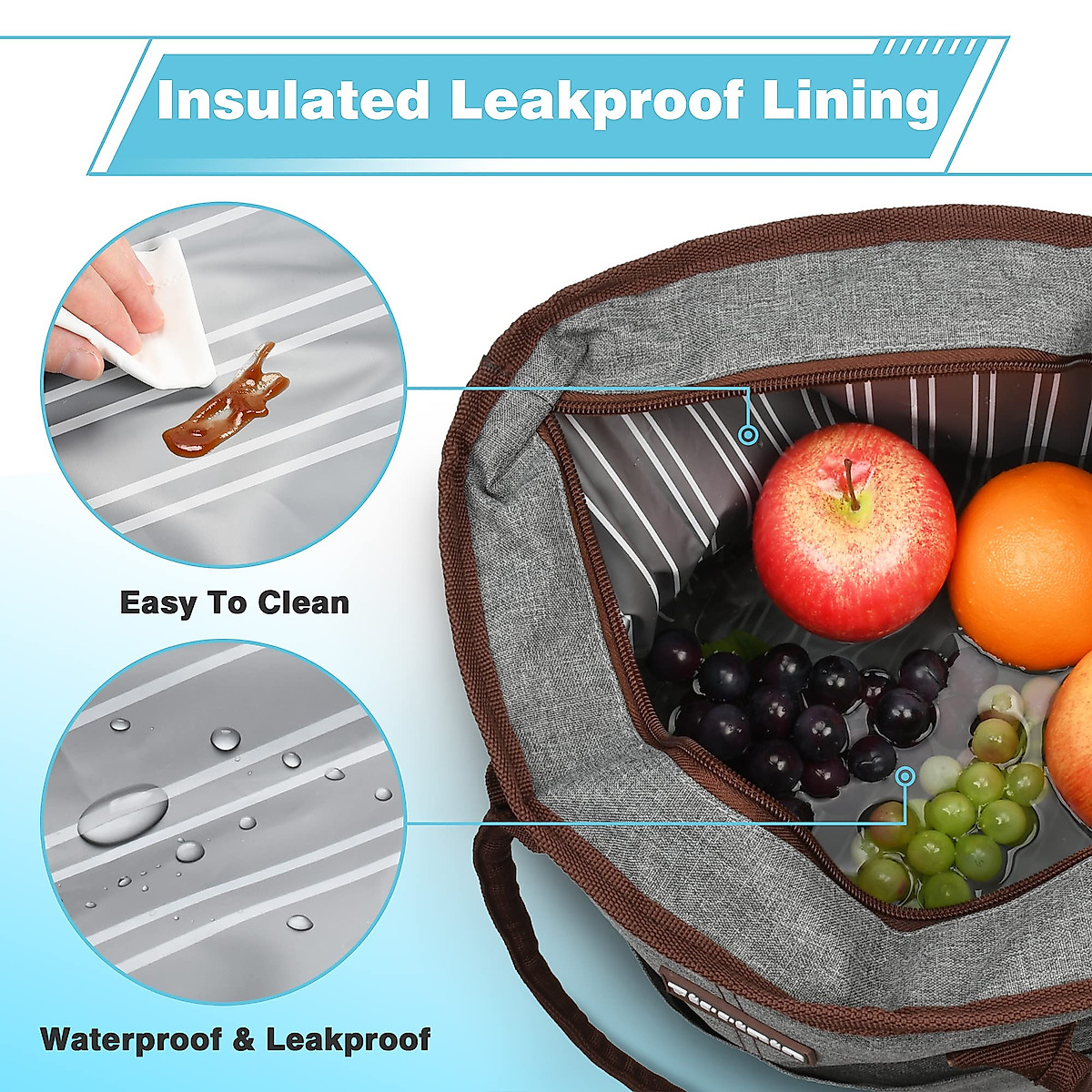 Tirrinia Large Insulated Lunch Tote Bag for Women, Cute Waterproof Leakproof Cooler Bag with Zipper for Work, Beach, Adult Shopping Grocery Bags for Frozen Food - Grey