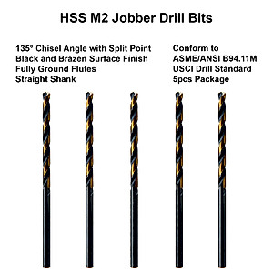 MAXTOOL 1/32" 5pcs Identical Jobber Length Drills HSS M2 Twist Drill Bits Fully Ground Black & Bronze Straight Shank Drills; JBF02H10R02P5