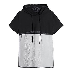 Fashion Men's T-Shirt Hooded Mesh Patchwork Sheer Sexy Top Short Sleeve Street Casual Menswear Black S