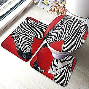 WONDERTIFY Zebra Bathroom Antiskid Pad African Black White Stripe Wild Animals Exotic Wildlife 3 Pieces Bathroom Rugs Set, Bath Mat+Contour+Toilet Lid Cover Red
