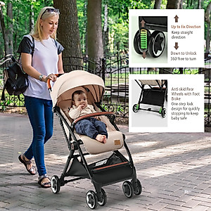 BABY JOY Lightweight Baby Stroller, Compact Toddler Travel Stroller for Airplane, Infant Stroller w/ 5-Point Harness, Adjustable Backrest/Footrest/Canopy, Storage Basket, Easy One-Hand Fold, Beige