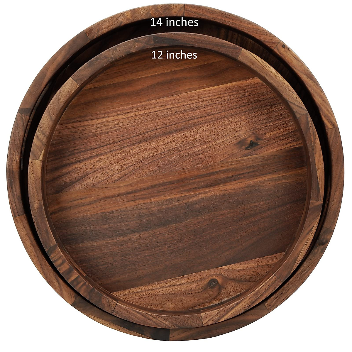 MAGIGO Set of 2 Large Round Black Walnut Wood Ottoman Tray with Handles, Serve Tea, Coffee, Classic Wooden Circular Decorative Serving Tray, 14 &12 inches