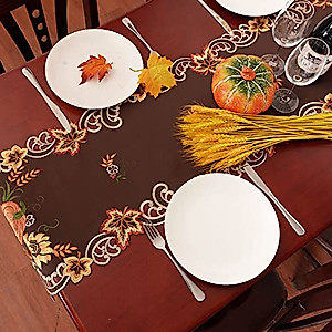 Simhomsen Brown Embroidered Thanksgiving Harvest Pumpkins Table Runners for Autumn Or Fall Decorations (14 × 69 Inches)