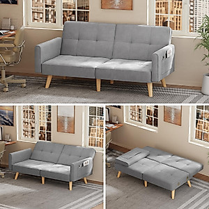Gizoon Futon Couch Bed, 70.9" Sleeper Sofa with Adjustable Backrest, Modern Folding Daybed for Living Room, Dorm, Bedroom, Apart, 6 Legs and 2 Extra Support Rods, Removable Armrests