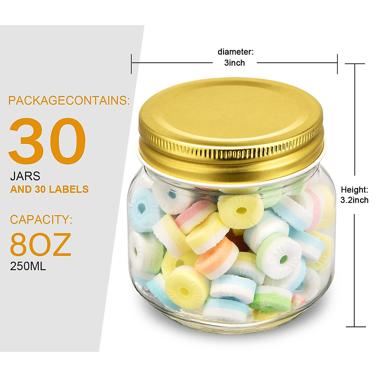 Rainforce Mason Jars 8 oz 30 Pack- Small Mason Jars With Gold Lids -1/4 Quart Canning Jars| Storage Pickling Jars For Jelly, Jam, Honey, Pickles - Spice Glass Jars - With 30 Chalkboard Labels