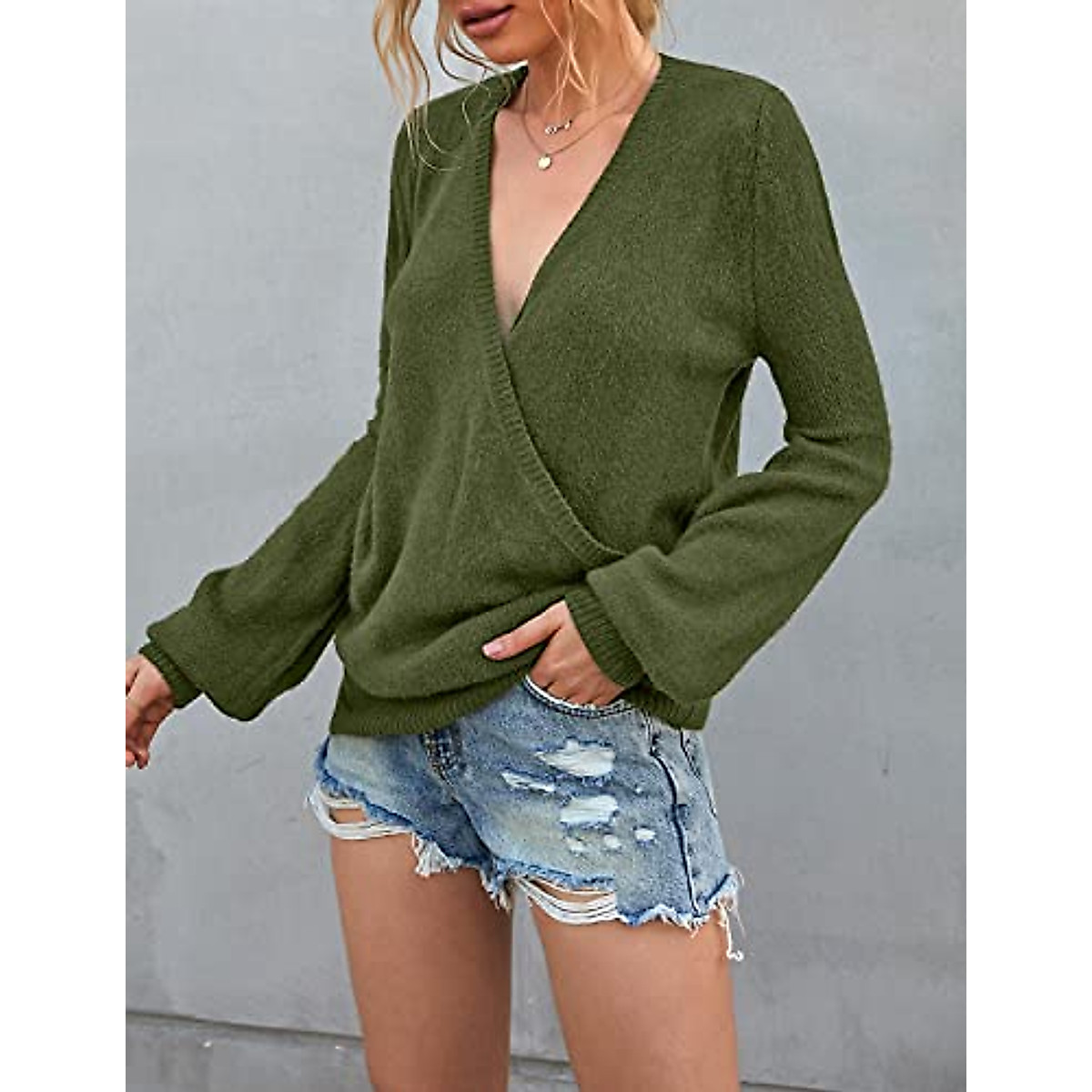 LookbookStore Fall Cute Sweater for Woman 2023 Winter Knit Sweaters Trendy Tops Army Green Long Sleeve Faux Wrap Surplice V Neck Wrap Sweater for Women Pullover Sweater Tunic Top Size M Size 8 10