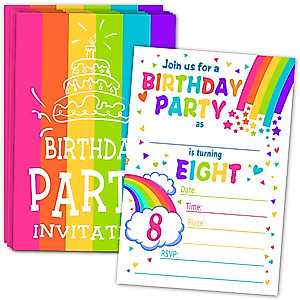 ukebobo Rainbow Happy Birthday Party Invitations for Child’s 8th Birthday Party – Colorful Invitation with Envelopes for Kids 8th Birthday Party – 20 Cards With Envelopes