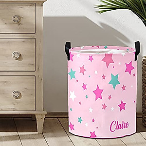 Personalized Laundry Basket Hamper,Star Pink Background,Collapsible Storage Baskets with Handles for Kids Room,Clothes, Nursery Decor
