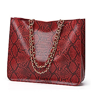 Oichy Leather Tote Bag for Women Large Purses and Handbags Snakeskin Pattern Shoulder Bag Ladies Purse with Chain Strap (Red)