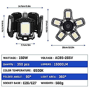 Deformable Led Garage Ceiling Light ，150W 6500k 90°Adjustable Led Shop Light, 350 Lamp Beads and 5 Multi-Position Panels High Bay Led Lights, Suitable for Garage Basement Workshop