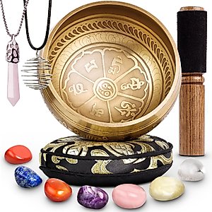 Tibetan Singing Bowl Set - 7 chakra healing crystal stones, Rose Quartz Pendulum Necklace - Handcrafted in Nepal for Meditation, Mindfulness, Yoga, Spiritual Healing and Stress Relief