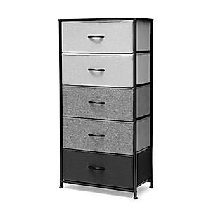 JOINHOM Dresser Storage Tower with 5 Drawers, Fabric Tall Dresser Drawer for Bedroom, Office, Entryway, Living Room and Closet- Sturdy Steel Frame, Easy Pull Bins & Wooden Top