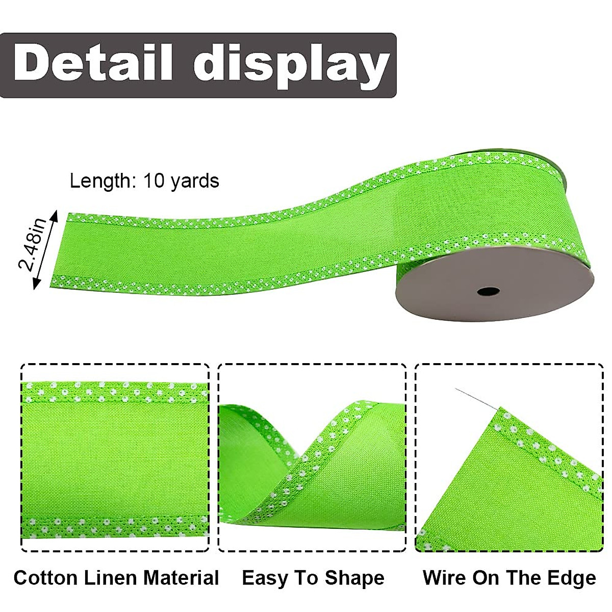 Green Wired Edge Ribbons 2.5" 10 Yards, Spring Solid Wired Edge Decoration Wired Ribbon Fabric Craft Ribbon Burlap Wrapping Ribbon for Holiday Party Wrapping DIY Craft Wedding Decoration Wreaths Bow