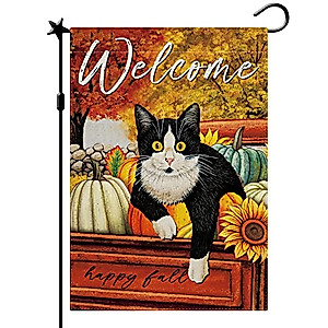 CMEGKE Fall Cat Garden Flag Cat Autumn Thanksgiving Garden Flag Hello Fall Yard Flag, Fall Flag for Garden Double Sided Burlap Seasonal Home Cat Autumn Farmhouse Outdoor Decor 12.5 x 18 In