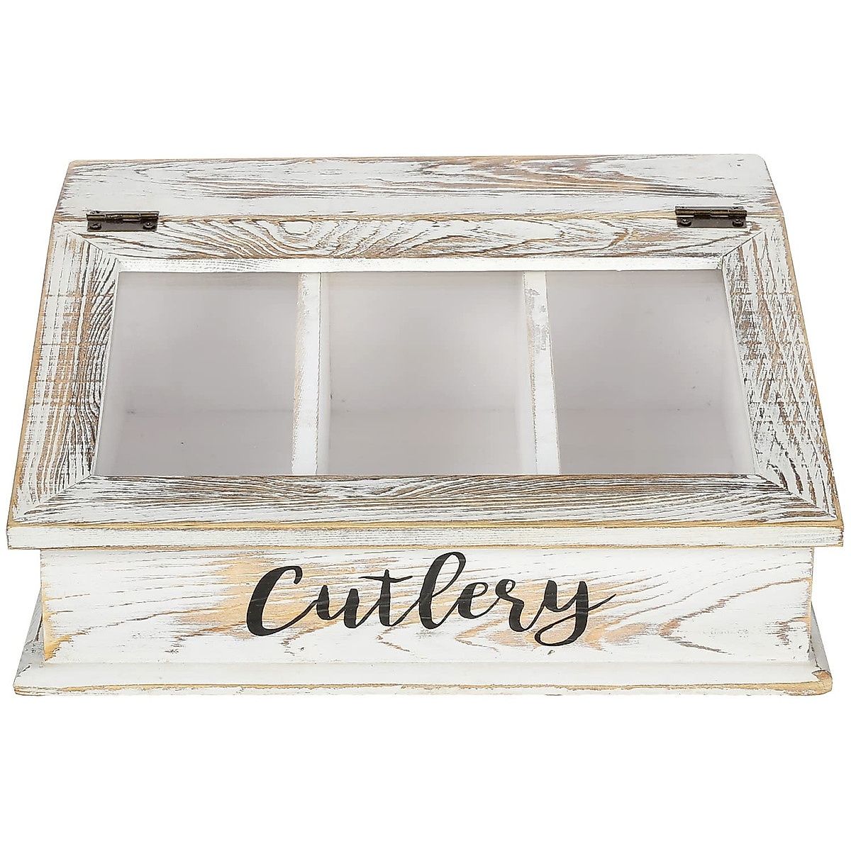 MyGift 3-Compartment Whitewashed Solid Wood Cutlery Tray Box Organizer with Clear Acrylic Hinged Lid & Black Cursive"CUTLERY" Label, Dining Utensil Holder
