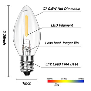 Pallerina 25 Pack LED C7 Clear Replacement Bulbs,Clear Christmas Light Bulbs 0.6Watt Dimmable E12 LED Light Bulbs for Night Light Candles Chandeliers Christmas String Lights, Warm White