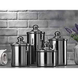 Set of 4 AIRTIGHT STAINLESS STEEL CANISTER SET for Kitchen Counter with GLASS LIDS + MARKER, LABELS, & SCOOP, Kitchen Canisters Ideal for Coffee, Flour, Sugar, Candy, Spices, Food Storage Cookie Jar