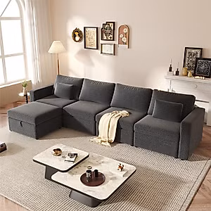 RENDGO Oversized Modular Sectional Sofa Convertible Linen Fabric Couch Set, L Shaped Couch with Reversible Chaise, 130 inch Width,5 Seat Modular Sofa with Storage Ottomans, Dark Grey