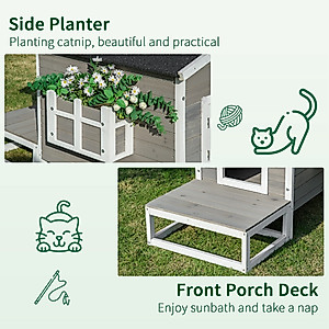 PawHut Wooden Cat House Outdoor with Door, Weatherproof 2-Floor Cat Shelter with Asphalt Roof, Balcony, Dark Gray