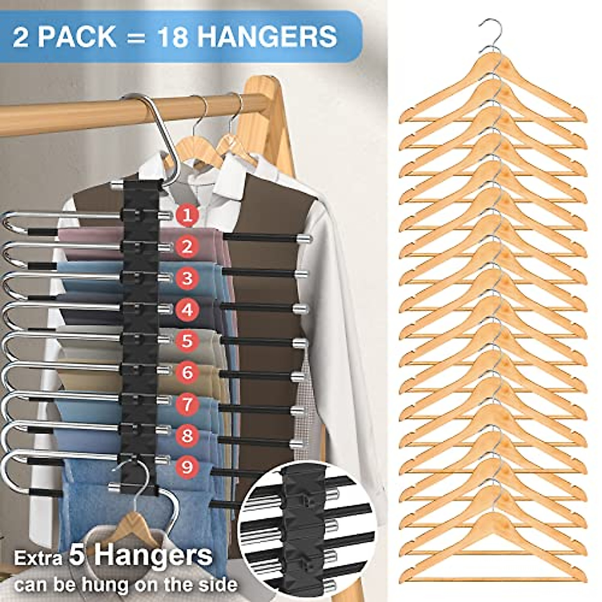 Upgrade 9 Layers Pants Hangers Space Saving, 2 Pack Non Slip Stainless Steel Multifunctional Pants Rack Closet Pant Hanger Organizer with Hooks for Pants Jeans Trousers Dorm Room Essentials, Black