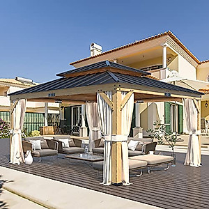 MELLCOM 13' x 15' Asphalt Hardtop Gazebo, Spruce Wood Double Roof Gazebo with Curtains and Meshes, Canopy Gazebo with Waterproof Coated Wood Frame for Patios, Gardens, Lawns, and Backyards