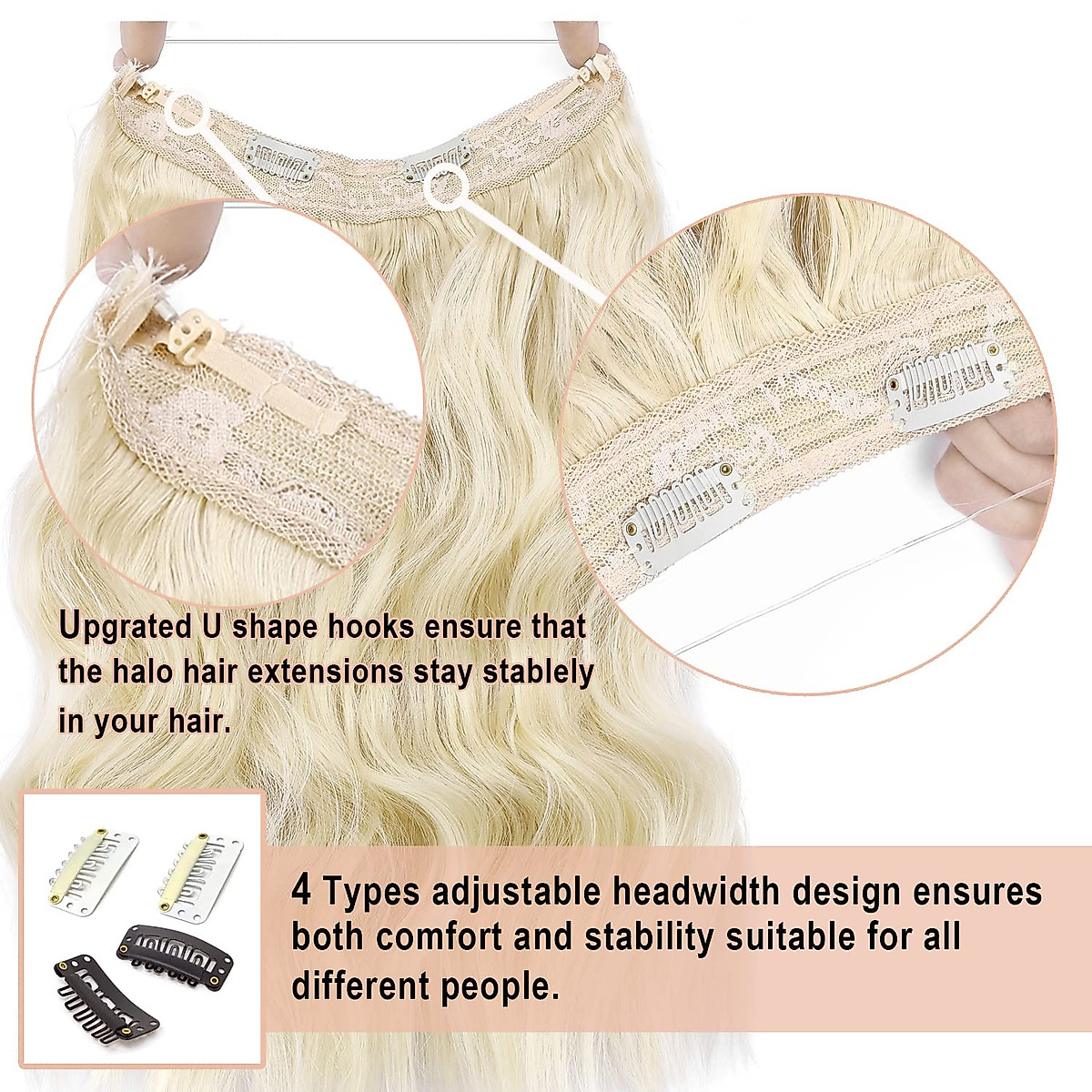 Invisible Wire Hair Extensions - 18 Inch Halo Hair Extension Long Wavy Synthetic Hairpiece with Transparent Wire Adjustable Size, 4 Secure Clips for Women(Wavy, 88#)