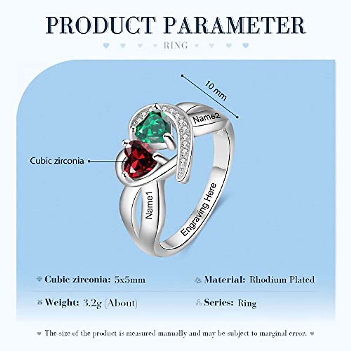 Personalized Promise Rings for Her Love Heart Women Engagement Custom Names Mothers Ring with 2 Simulated Birthstones Jewelry for Women (7)
