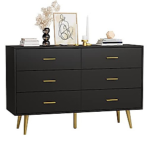 RESOM Black 6 Drawer Dresser for Bedroom, Wooden Black Double Dresser with Gold Handles, Modern Chest Dresser with Deep Drawers for Living Room, Hallway