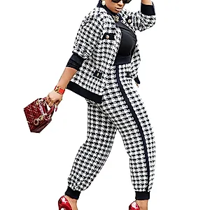 SOMTHRON Women’s Houndstooth Print 2 Piece Outfit Zip Up Long Sleeve Jacket Elastic High Waist Long Pants Set Work Suits Tracksuit BL-XL