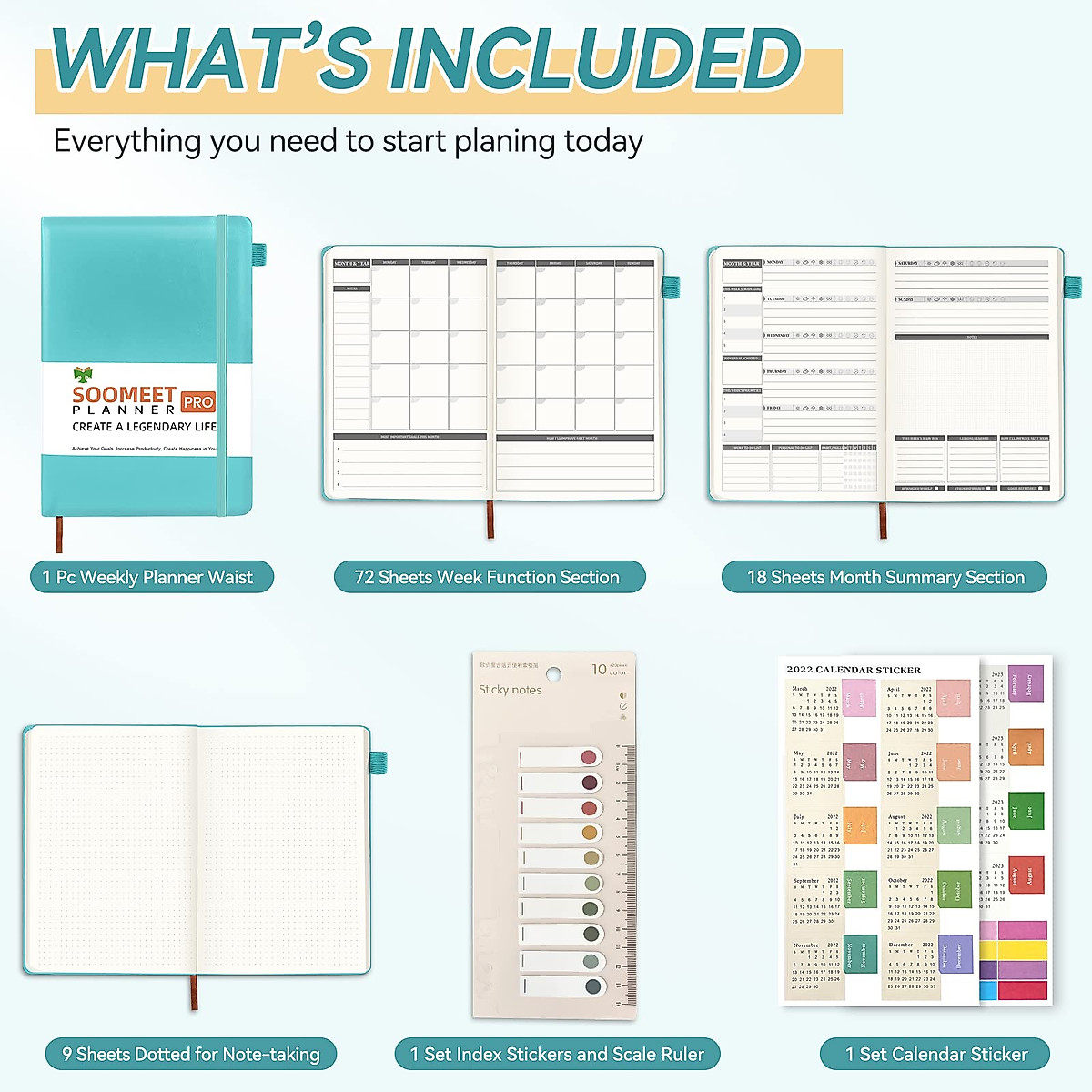 Soomeet Planner, Undated Weekly Planner, Goal Planner, Calendar Stickers, Faux Leather Cover, Time Management Manual and Planner, A5 Hardcover with Ruler, 200 Pages, Lake Blue