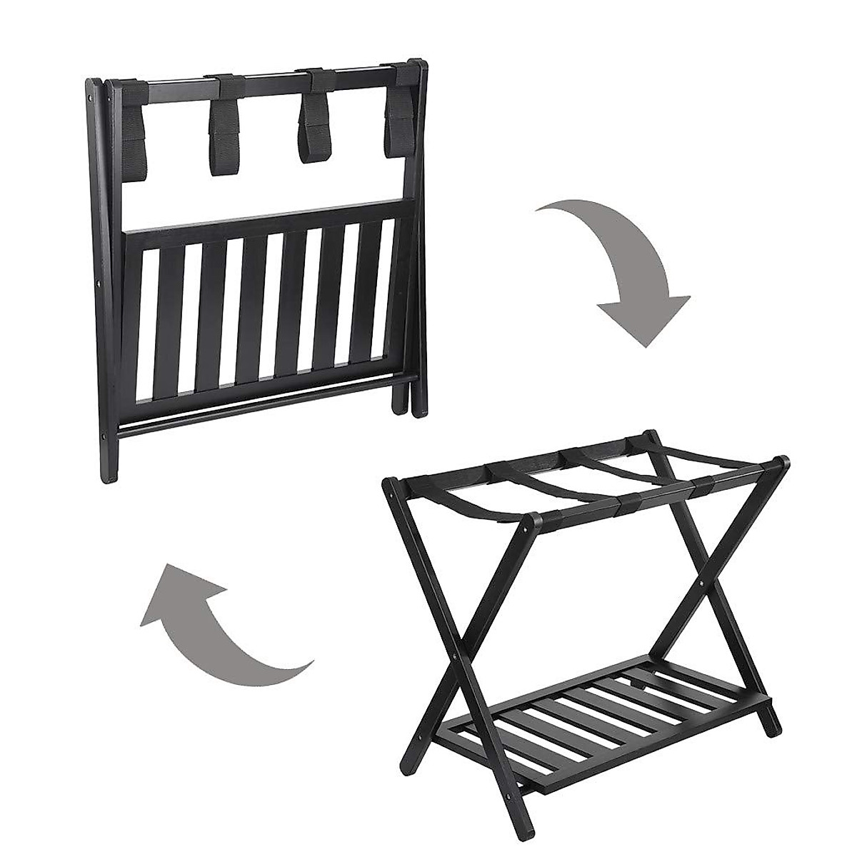 FiveShops Luggage Rack with Shelf, Folding Bamboo Suitcase Luggage Stand, Double Tiers Luggage Holder with Shoe Shelf, Casual Organization Storage Chests for Bedroom, Guest Room, Hotel, Black