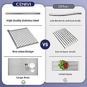 cenivi Roll up Dish Drying Rack, 18.5'' L x 15.7'' W Stainless Steel Dish Rack, Large Foldable Dish Drying Rack for Kitchen, Air-Drying Tool for Knives, Forks, Dishes