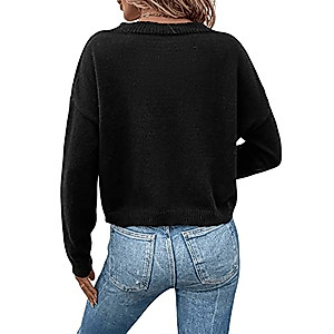 SweatyRocks Women's Casual V Neck Drop Shoulder Pullover Sweater Long Sleeve Knitted Top Black M