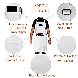 DCCPAA 100% Cotton Professional Chef Apron for men and women,Adjustable Bib with Roomy Pockets for Cooking Kitchen BBQ Grill Barber and Drawing(White)