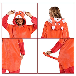 Afoxsos Panda Costumes for Teens Adults, Panda Mei Plush One Piece Costume, Halloween Cosplay Jumpsuit, Turn Costume Onesie, One Piece Animal Pajamas M, Orange