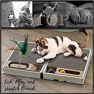 All-in-One Cat Scratcher Pad and Play Area, Foldable & Easy to Store Book-Shaped Cardboard with 2 Reversible & Replaceable PCs Dense Scratch Pad Cat/Kitten,with Cat Ball/Cat Feather Toy & Catnip Ball