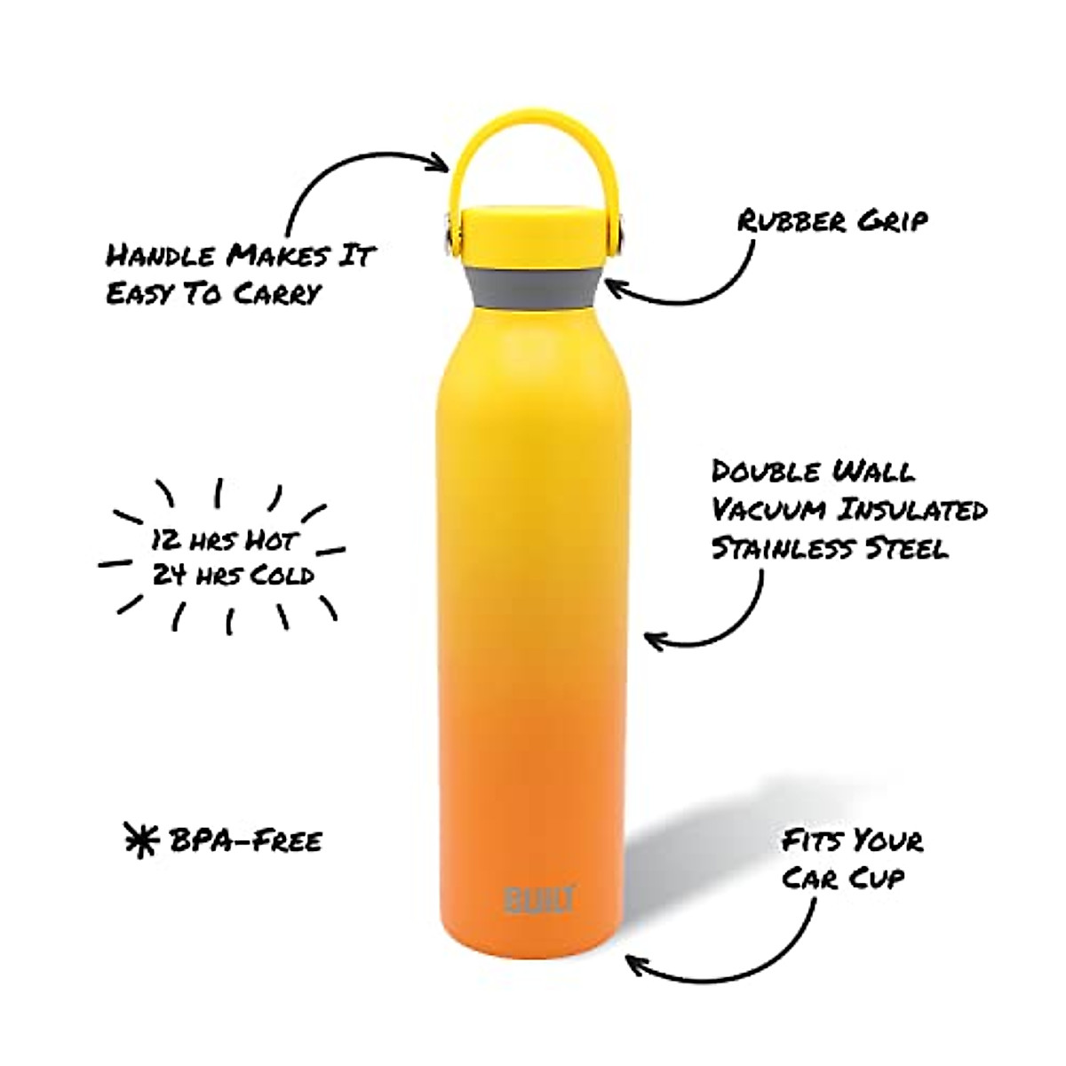 BUILT 24 Ounces Cascade Double Wall Vacuum Insulated Stainless Steel Bottle with Twist Lid with Handle, Black