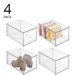 mDesign Plastic Stackable Closet Storage Organizer Bins with Pull Out Drawer for Cabinet, Desk, Shelf, Cupboard, or Dresser Organization - Lumiere Collection - 4 Pack - Clear