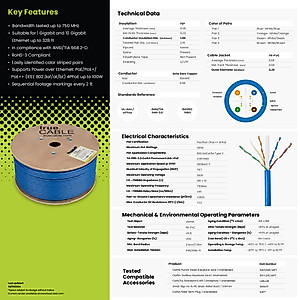 trueCABLE Cat6A Plenum (CMP), 1000ft, Blue, 23AWG 4 Pair Solid Bare Copper, 750MHz, PoE++ (4PPoE), ETL Listed, Unshielded Twisted Pair (UTP), Bulk Ethernet Cable