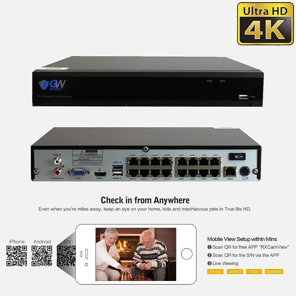 GW Security 16 Channel H.265 4K 2160p HDMI NVR Network Video Recorder, 16CH PoE Port - Compatible with 12MP/ 8MP /5MP 1080P Realtime ONVIF IP Camera (Pre-installed 4TB HDD, 2X HDD bay, up to 28TB)